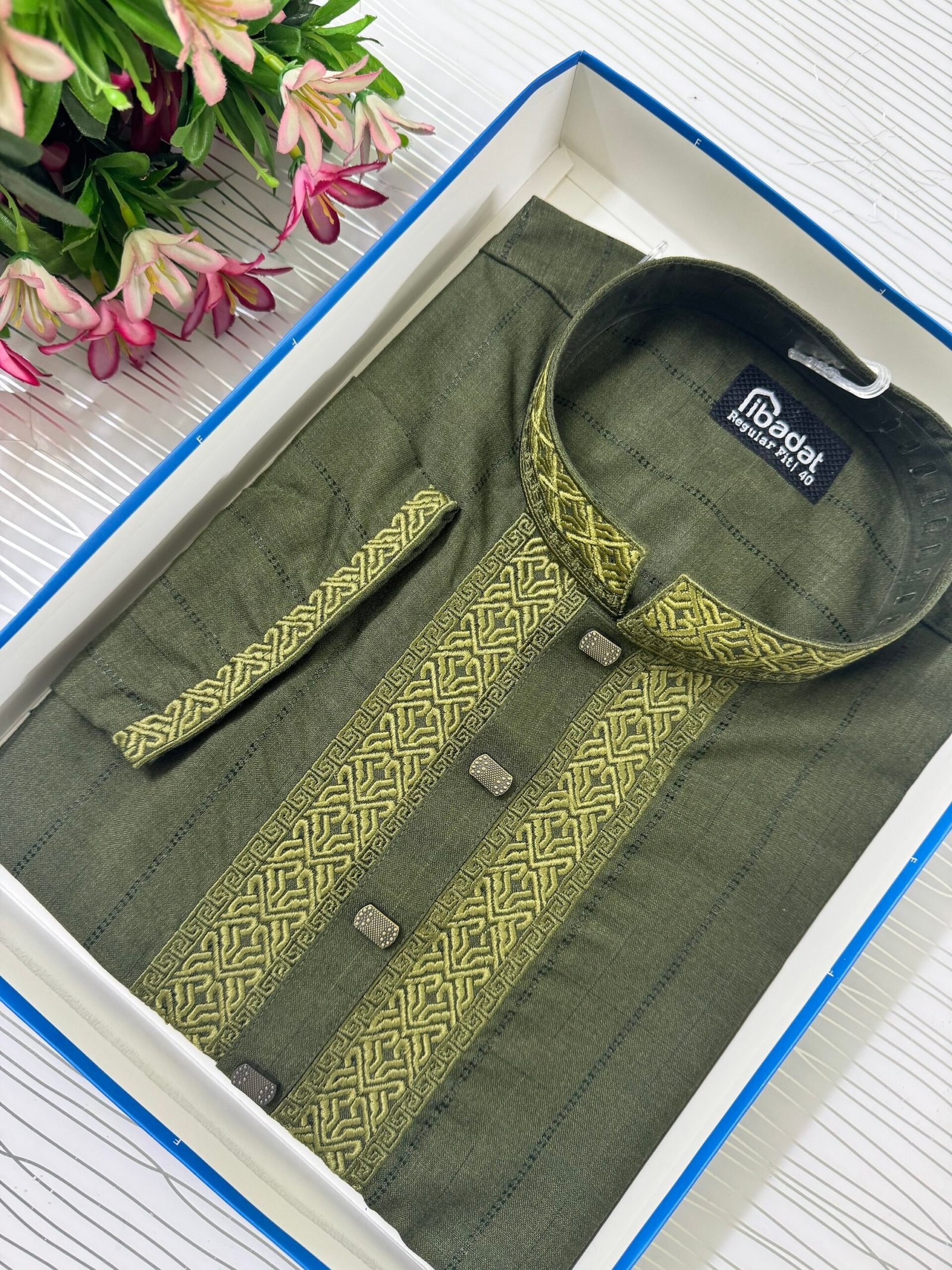 Deep Olive Green Check Panjabi – Ibadat e-Shop